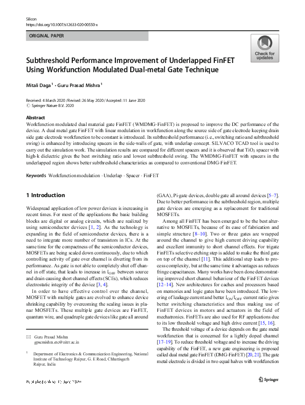 (PDF) Subthreshold Performance Improvement of Underlapped FinFET Using Workfunction Modulated ...
