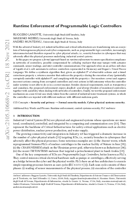 (PDF) Runtime Enforcement of Programmable Logic Controllers (PDF) Runtime Enforcement of Programmable Logic Controllers