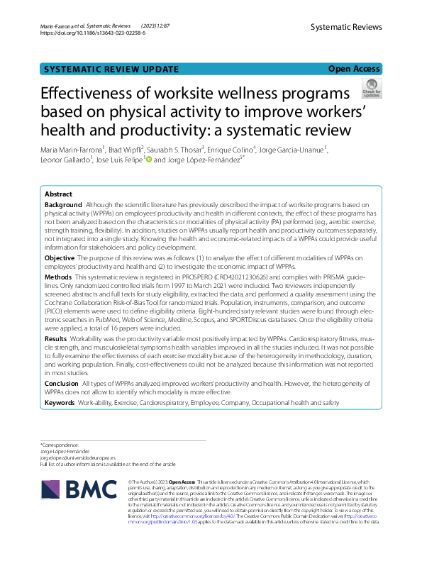 (PDF) Effectiveness of worksite wellness programs based on physical ...