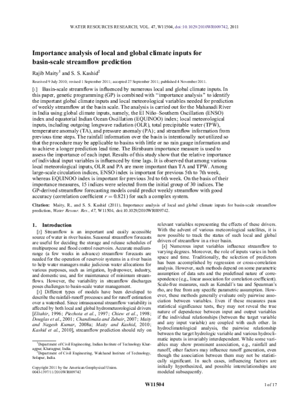 Pdf Importance Analysis Of Local And Global Climate Inputs For Basin Scale Streamflow