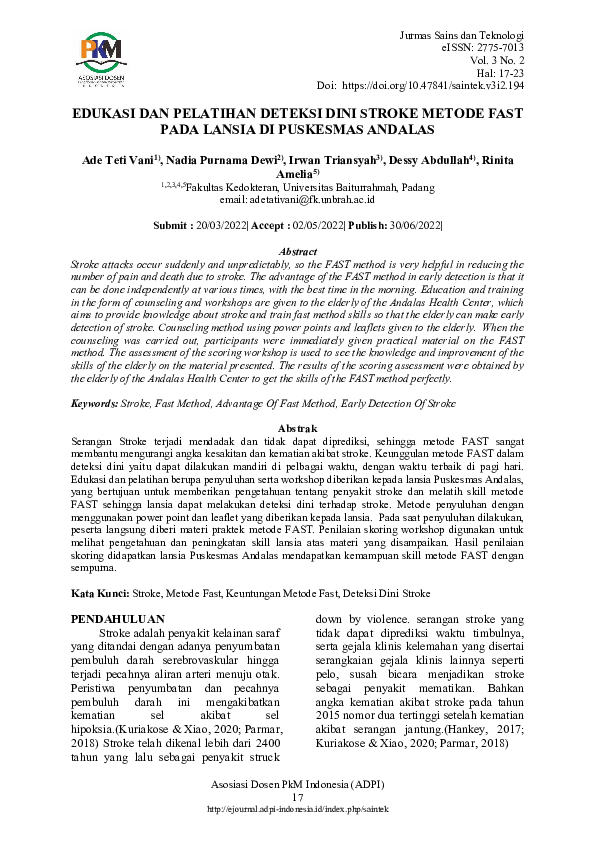 (PDF) Edukasi dan Pelatihan Deteksi Dini Stroke Metode Fast Pada Lansia ...