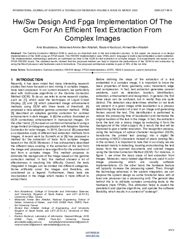 Pdf Hwsw Design And Fpga Implementation Of The Gcm For An Efficient Text Extraction From
