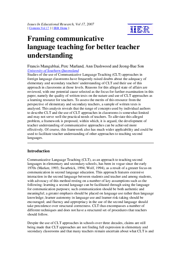 (PDF) Framing Communicative Language Teaching for Better Teacher ...