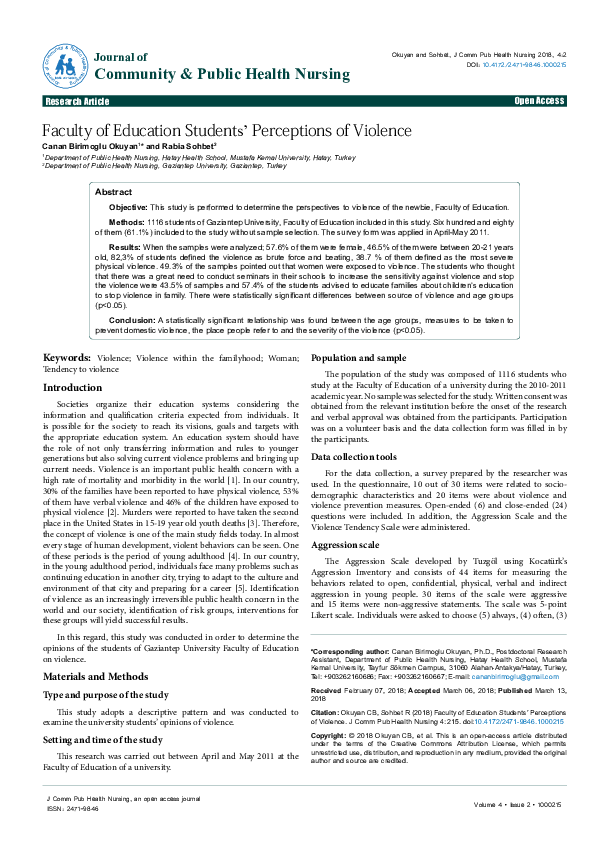 (PDF) Faculty of Education Students' Perceptions of Violence