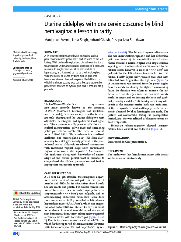 (PDF) Uterine didelphys with one cervix obscured by blind hemivagina: a ...