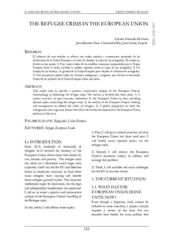 (PDF) The Refugee Crisis in the Europeanunion