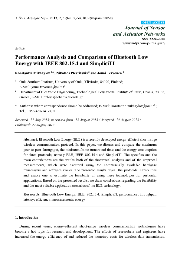 (PDF) Performance Analysis and Comparison of Bluetooth Low Energy with ...