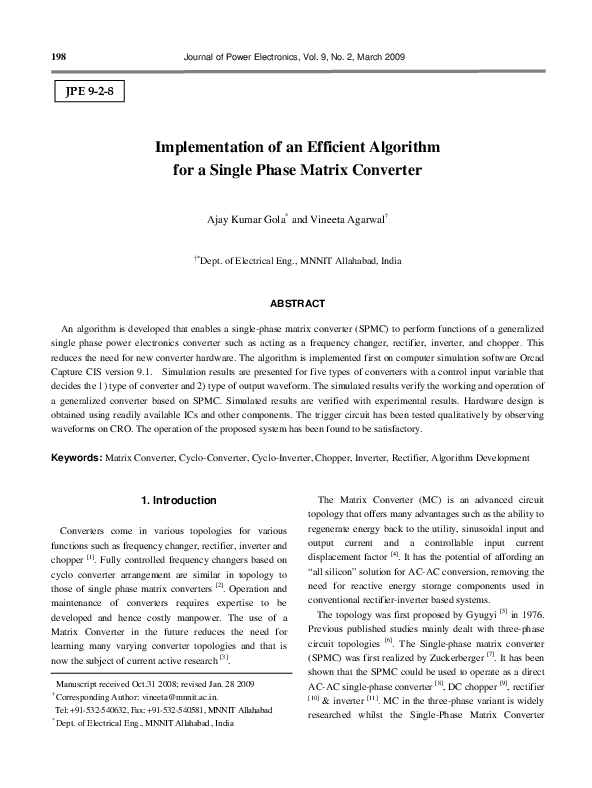 Pdf Implementation Of An Efficient Algorithm For A Single Phase Matrix Converter 9447