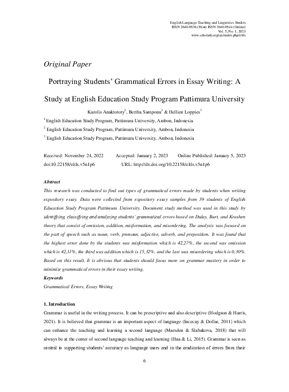 (PDF) Portraying Students’ Grammatical Errors in Essay Writing: A Study at English Education ...