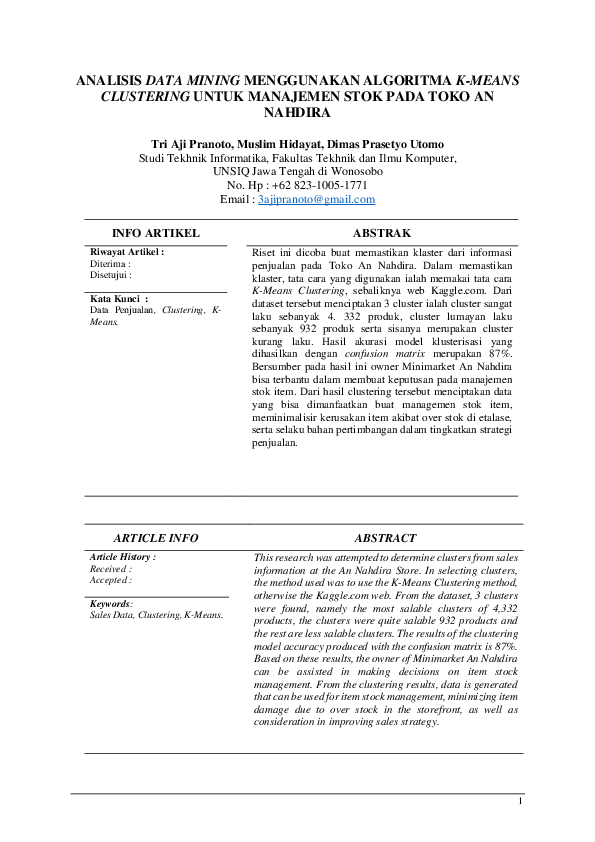 Pdf Analisis Data Mining Menggunakan Algoritma K Means Clustering Untuk Manajemen Stok Pada