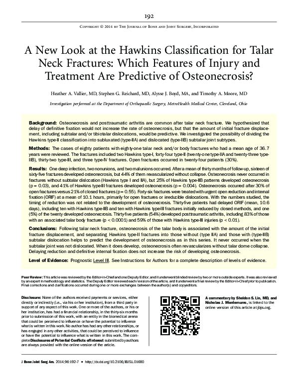 (PDF) A New Look at the Hawkins Classification for Talar Neck Fractures ...