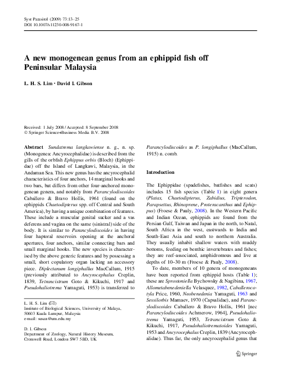 (PDF) A new monogenean genus from an ephippid fish off Peninsular Malaysia