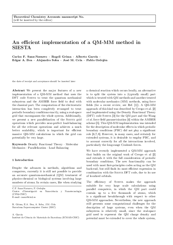 (PDF) An efficient implementation of a QM–MM method in SIESTA | Jose ...