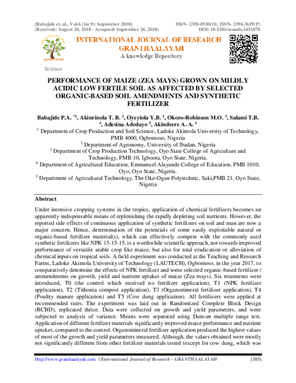(PDF) Performance of Maize (Zea Mays) Grown on Mildly Acidic Low Fertile Soil as Affected by ...