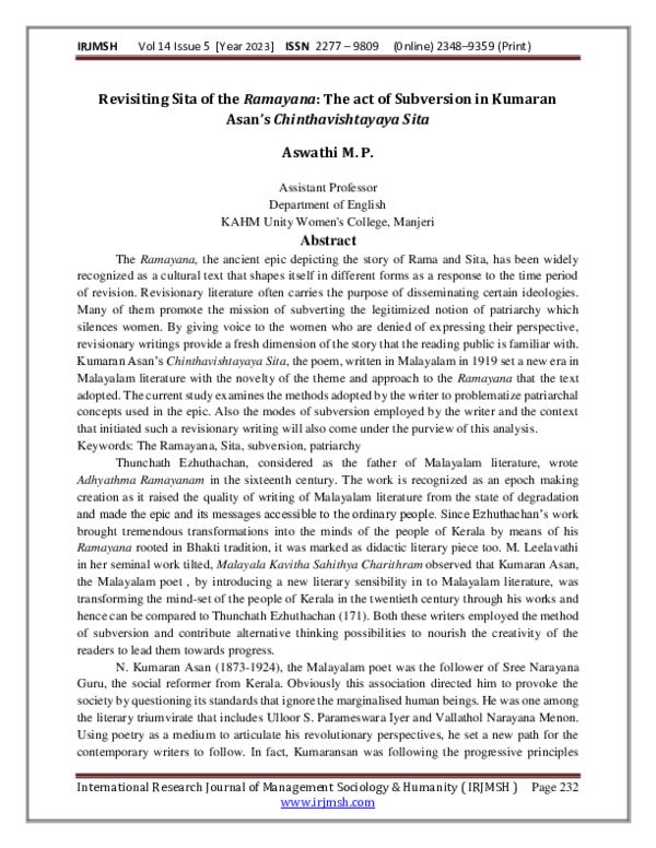 (PDF) Revisiting Sita of the Ramayana: The act of Subversion in Kumaran ...
