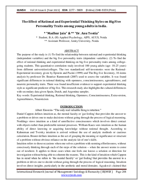 (PDF) The Effect of Rational and Experiential Thinking Styles on Big ...