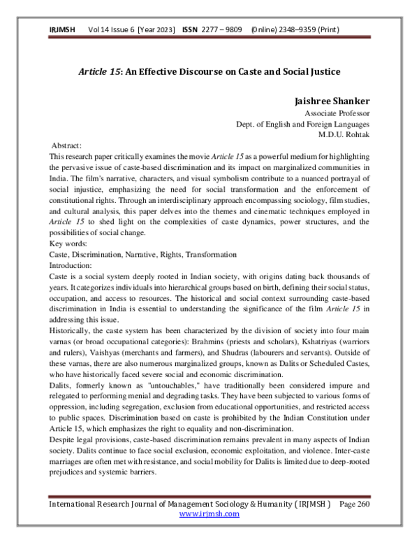 (PDF) Article 15: An Effective Discourse on Caste and Social Justice
