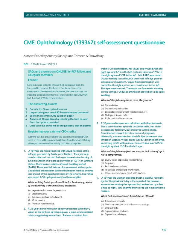 (PDF) CME: Ophthalmology (139347): self-assessment questionnaire ...