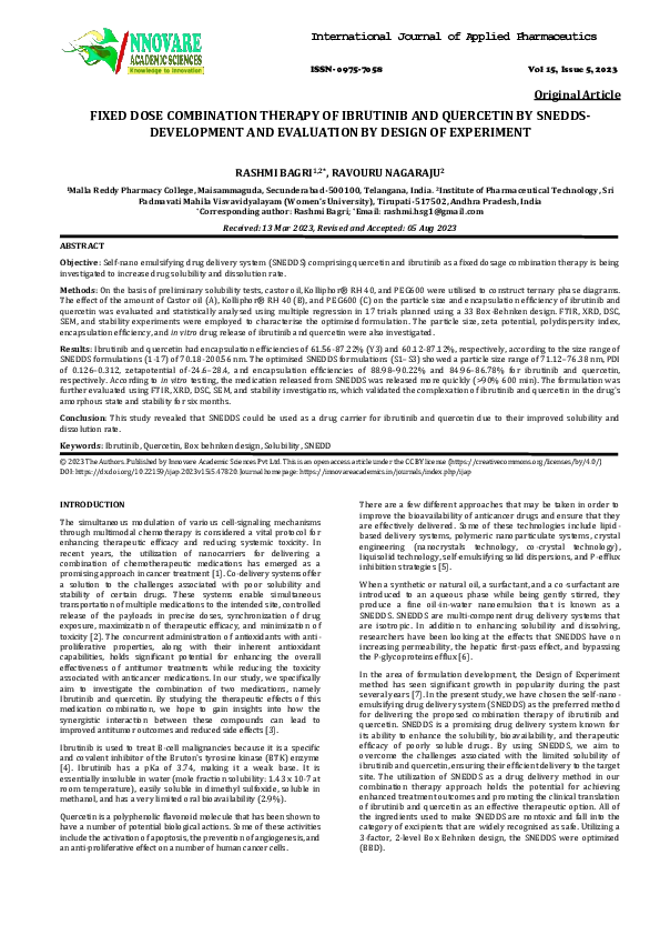 (PDF) Fixed Dose Combination Therapy of Ibrutinib and Quercetin by Snedds-Development and ...