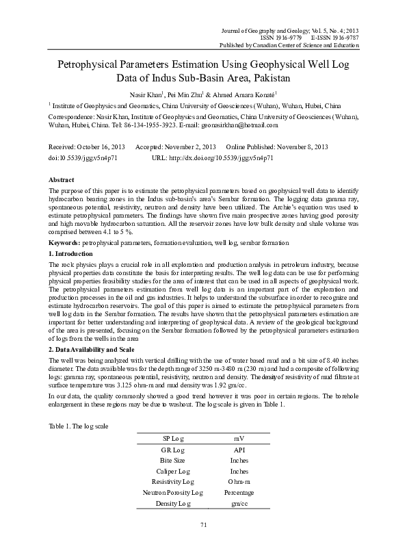 (PDF) Petrophysical Parameters Estimation Using Geophysical Well Log Data of Indus Sub-Basin ...