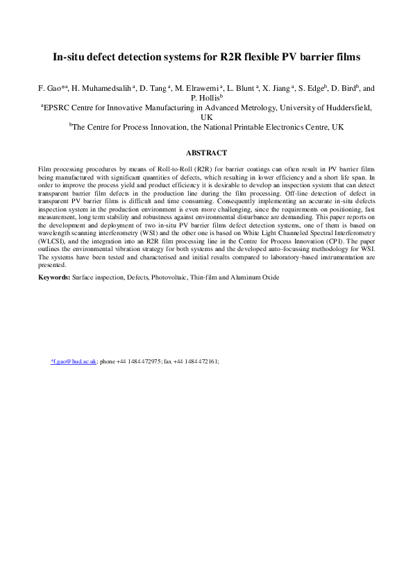 Pdf In Situ Defect Detection Systems For R2r Flexible Pv Films Liam