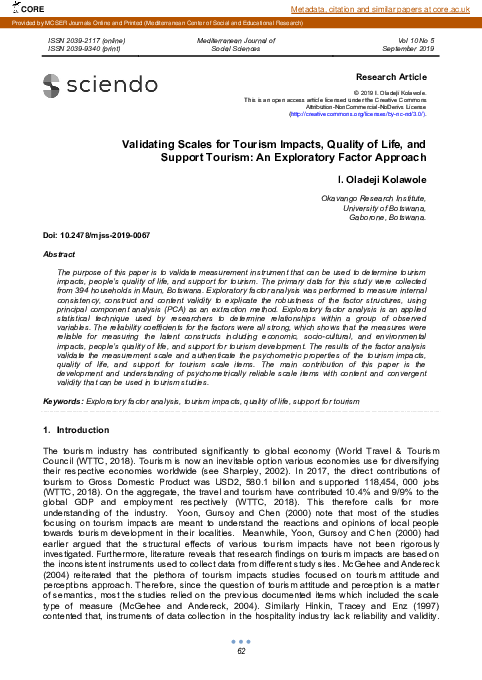 (PDF) Validating Scales for Tourism Impacts, Quality of Life, and Support Tourism: An ...