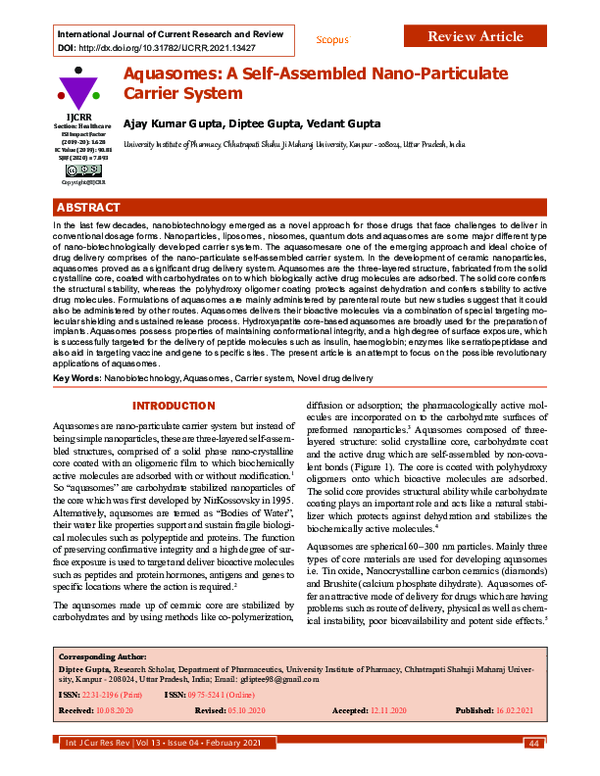 (PDF) Aquasomes: A Self-Assembled Nano-Particulate Carrier System
