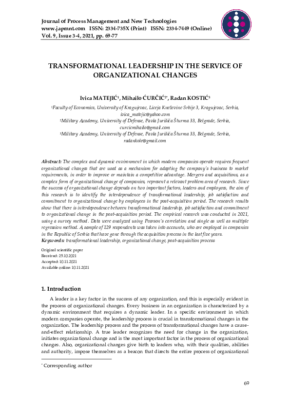 (PDF) Transformational Leadership in the Service of Organizational Changes