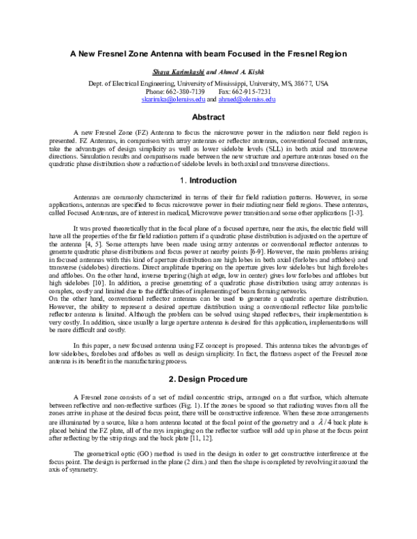 (PDF) A new Fresnel zone antenna with beam focused in the Fresnel region