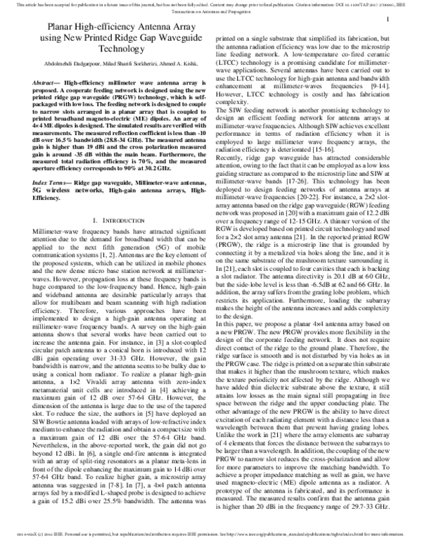 (PDF) Planar High-efficiency Antenna Array Using New Printed Ridge Gap Waveguide Technology