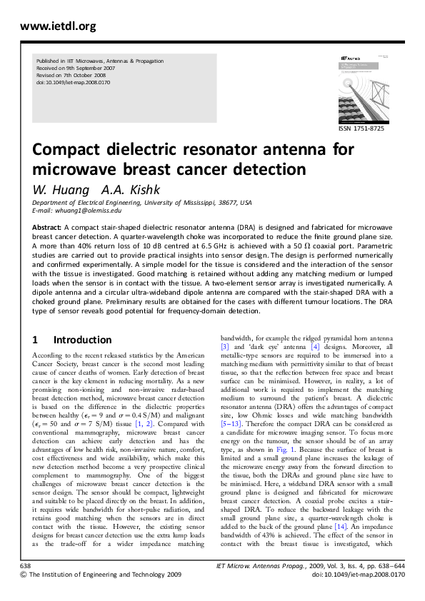 Pdf Compact Dielectric Resonator Antenna For Microwave Breast Cancer Detection