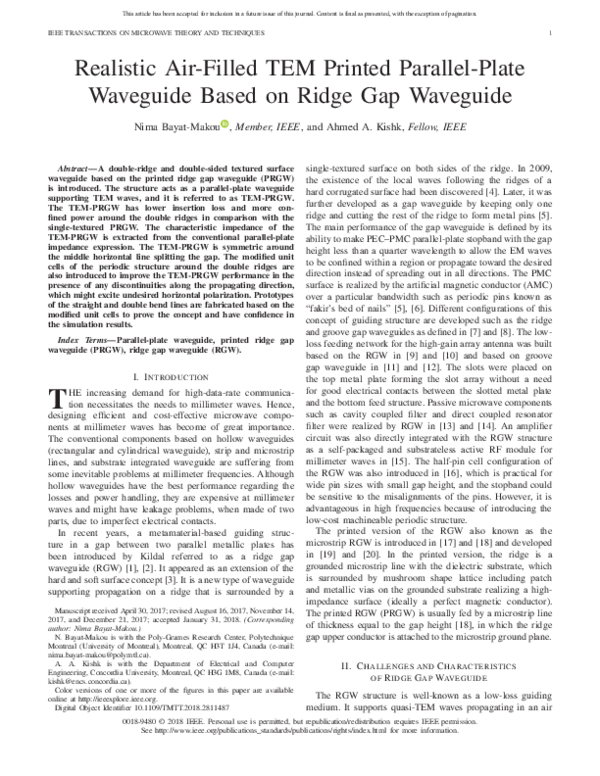 Pdf Realistic Air Filled Tem Printed Parallel Plate Waveguide Based On Ridge Gap Waveguide