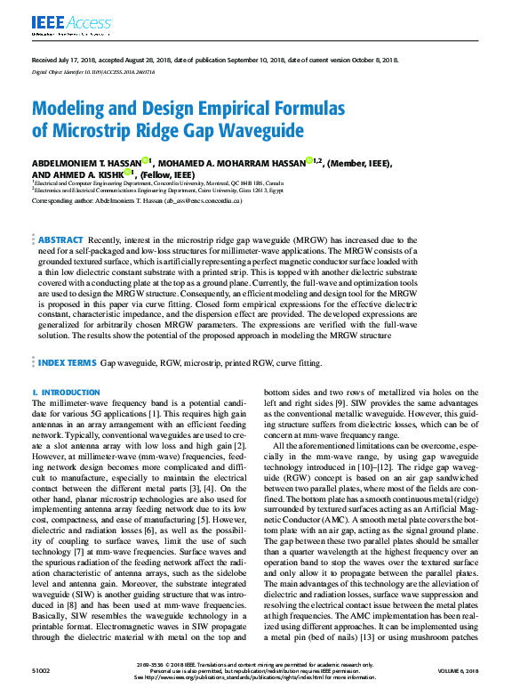 (PDF) Modeling and Design Empirical Formulas of Microstrip Ridge Gap Waveguide