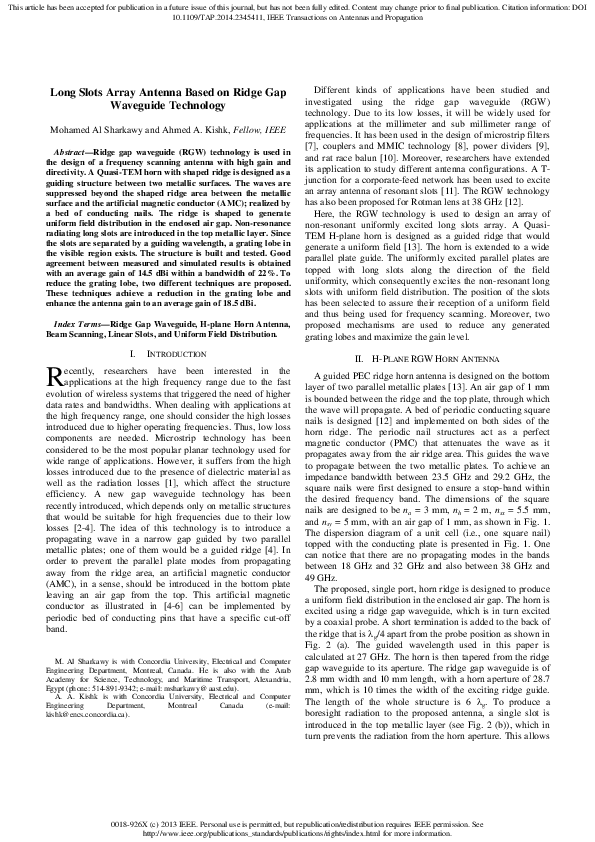 (PDF) Long Slots Array Antenna Based on Ridge Gap Waveguide Technology
