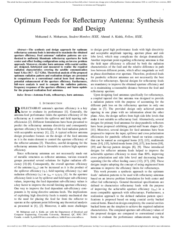(PDF) Optimum Feeds for Reflectarray Antenna: Synthesis and Design