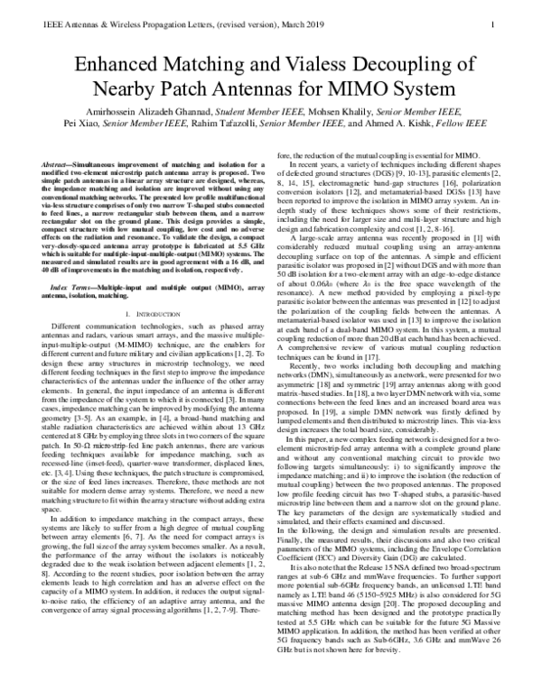 (PDF) Enhanced Matching and Vialess Decoupling of Nearby Patch Antennas for MIMO System