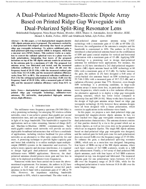 Pdf A Dual Polarized Magnetoelectric Dipole Array Based On Printed Ridge Gap Waveguide With