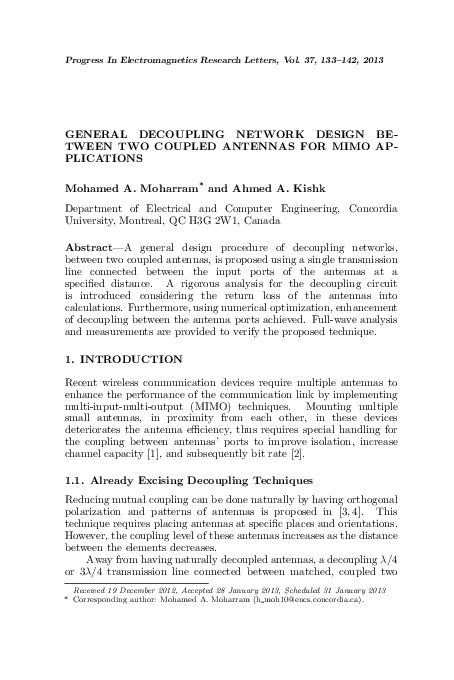 Pdf General Decoupling Network Design Between Two Coupled Antennas For Mimo Applications