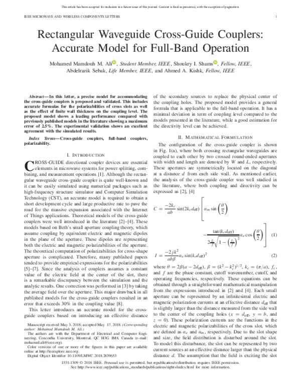 (PDF) Rectangular Waveguide Cross-Guide Couplers: Accurate Model for Full-Band Operation