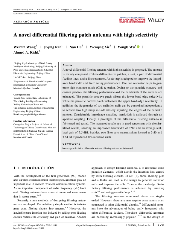 (PDF) A novel differential filtering patch antenna with high selectivity