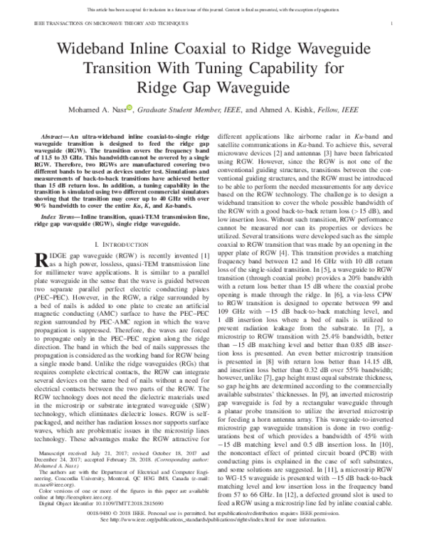 Pdf Wideband Inline Coaxial To Ridge Waveguide Transition With Tuning Capability For Ridge Gap