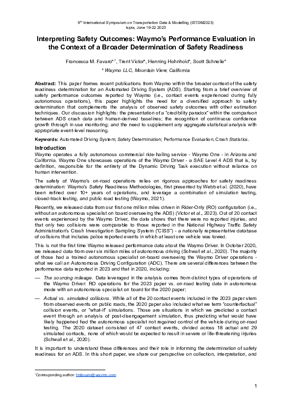 (PDF) Interpreting Safety Outcomes: Waymo's Performance Evaluation in the Context of a Broader ...