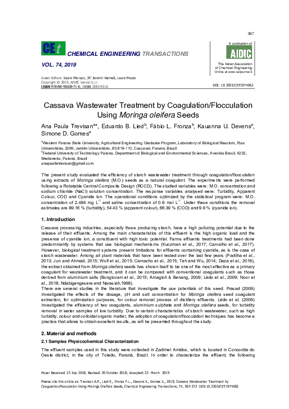(PDF) Cassava Wastewater Treatment by Coagulation/flocculation Using Moringa Oleifera Seeds
