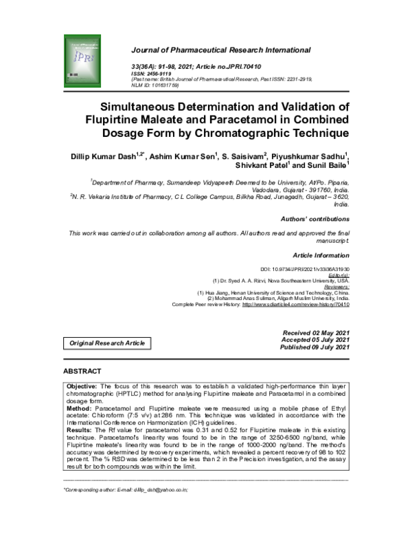 Pdf Simultaneous Determination And Validation Of Flupirtine Maleate And Paracetamol In