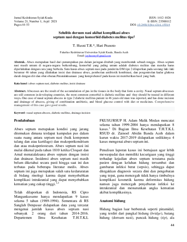 Selulitis dorsum nasi akibat komplikasi abses septum nasi dengan ...