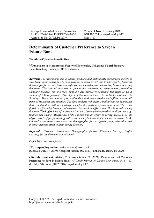(PDF) Determinants of Customer Preference to Save in Islamic Bank