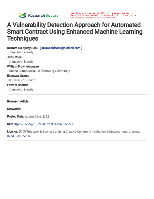 (PDF) A Vulnerability Detection Approach for Automated Smart Contract Using Enhanced Machine ...