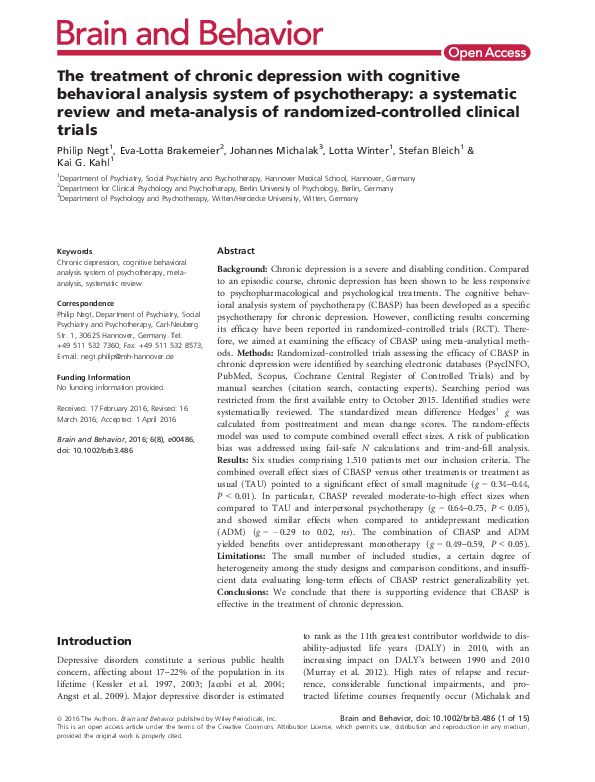 (PDF) The treatment of chronic depression with cognitive behavioral ...