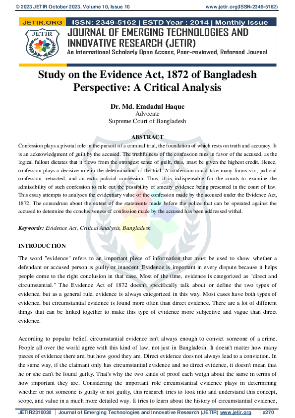 (PDF) Study on the Evidence Act, 1872 of Bangladesh Perspective: A ...