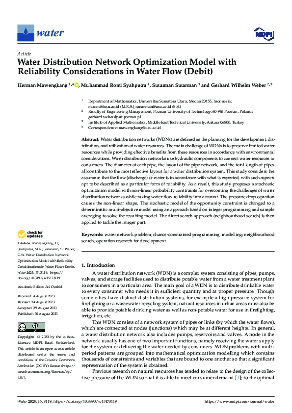 Pdf Water Distribution Network Optimization Model With Reliability